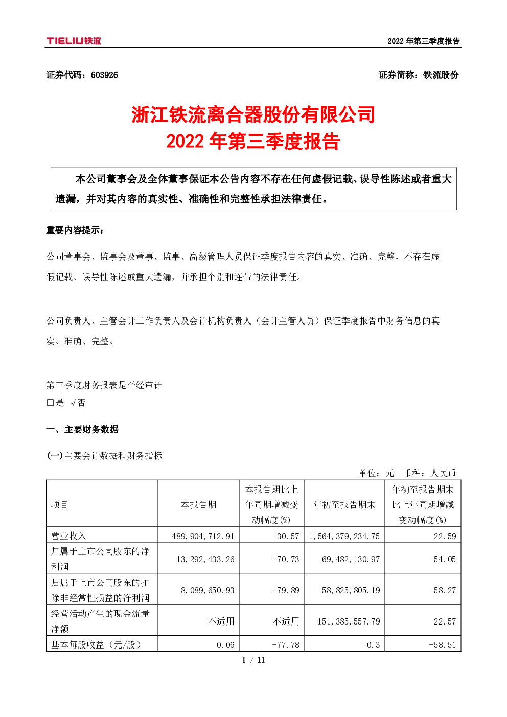 铁流股份：铁流股份2022年第三季度报告