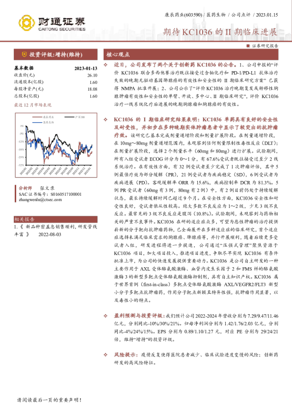 期待KC1036的II期临床进展