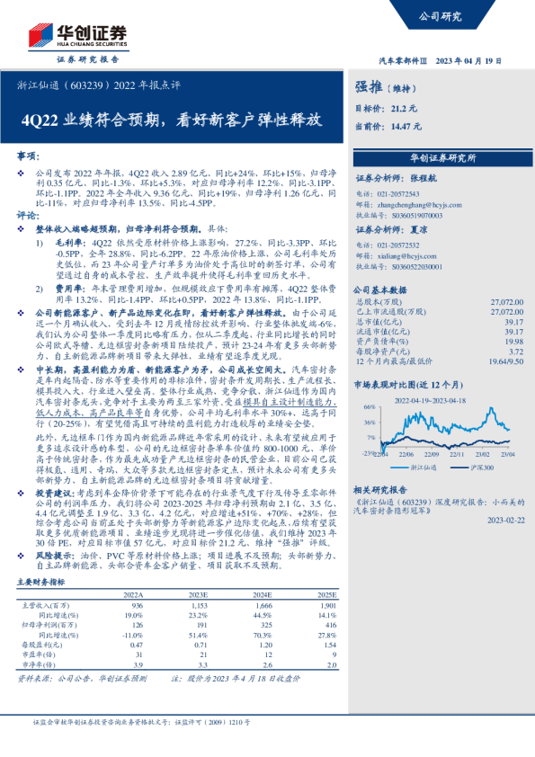 4Q22业绩符合预期，看好新客户弹性释放