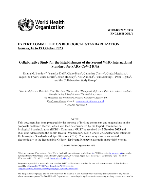 WHO BS 2023.2459 关于建立第二个 WHO SARS - CoV - 2 RNA 国际标准的合作研究