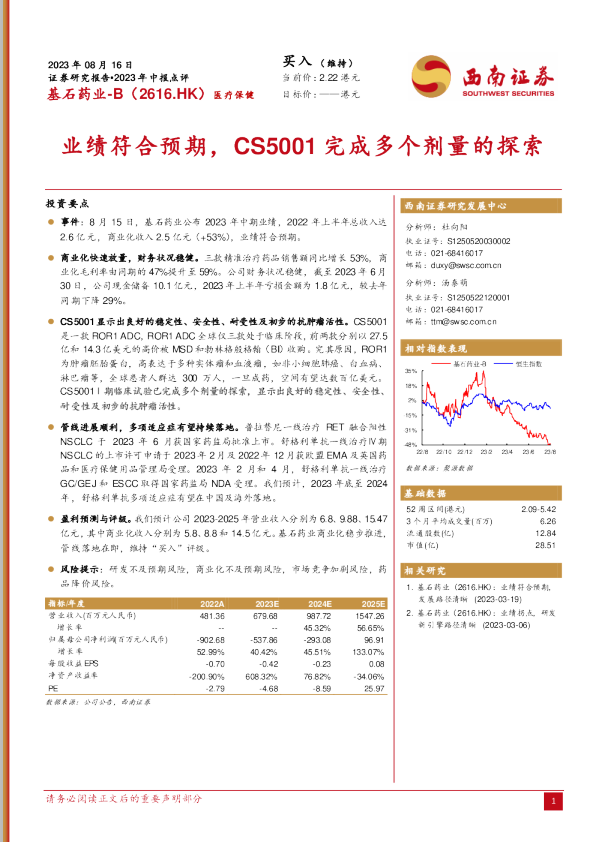 业绩符合预期，CS5001完成多个剂量的探索