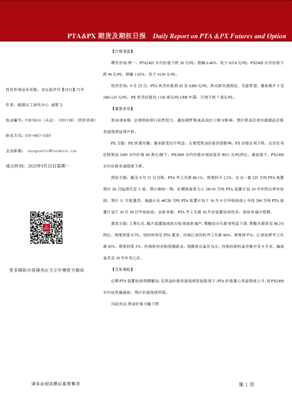 PTA&PX期货及期权日报