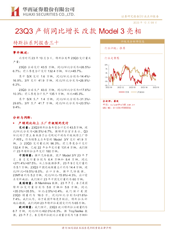 特斯拉系列报告三十：23Q3产销同比增长，改款Model3亮相