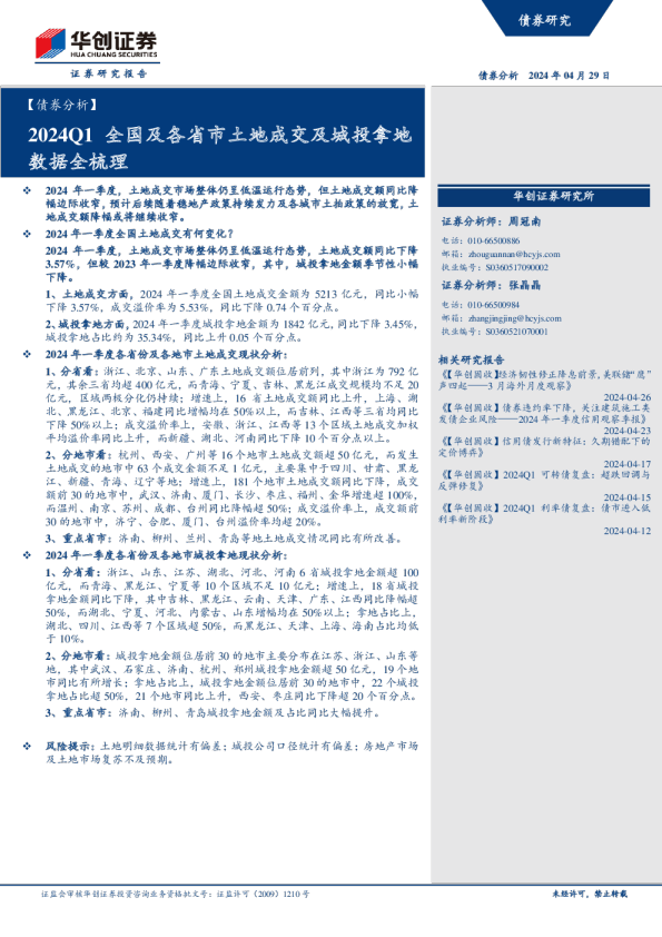 【债券分析】2024Q1全国及各省市土地成交及城投拿地数据全梳理