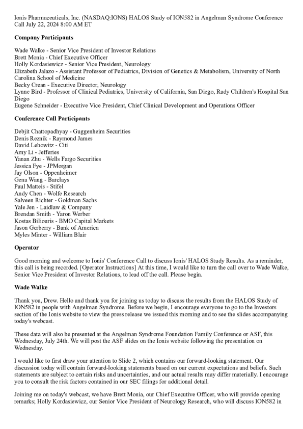 Ionis Pharmaceuticals ， Inc.(IONS) HALOS 在 Angelman 综合征中的 ION582 研究(转录本)