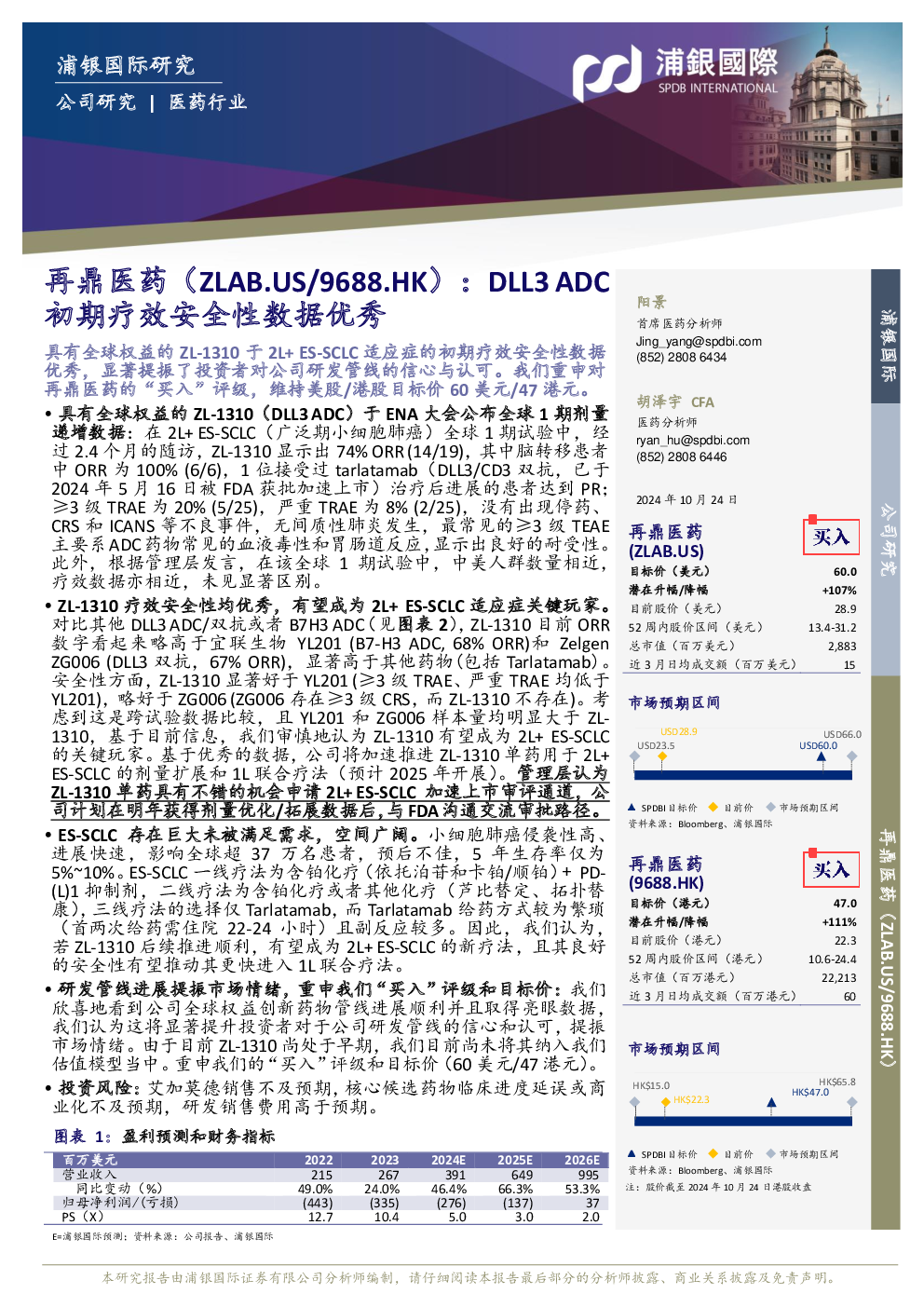 ZL-1310的初步数据表现出色，有望成为2L+ ES-SCLC的关键疗法。再鼎医药的研发进展提升了市场对其的信心，重申“买入”评级和目标价。