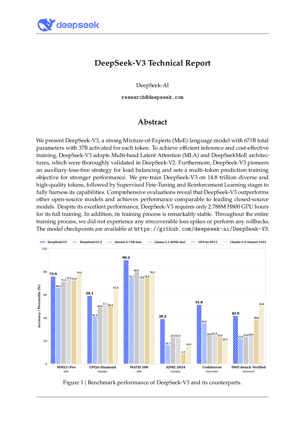 贡献 ：提出了一种无辅助损失策略，增强了模型的多标记预测能力。 未来方向 ：继续探索低精度训练和硬件设计优化，以进一步提升模型性能和降低成本。