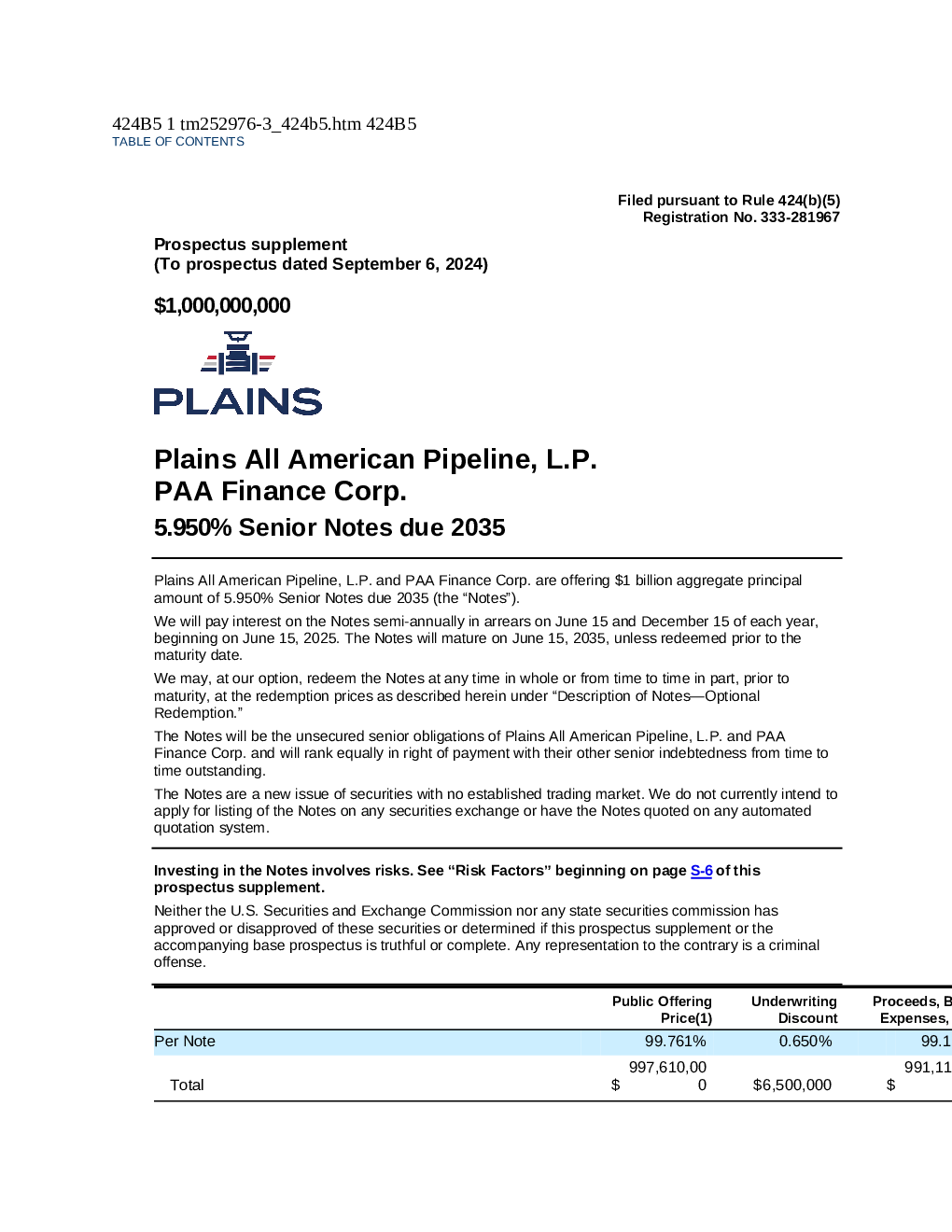 Plains All American Pipeline LP美股招股说明书(2025-01-14版)