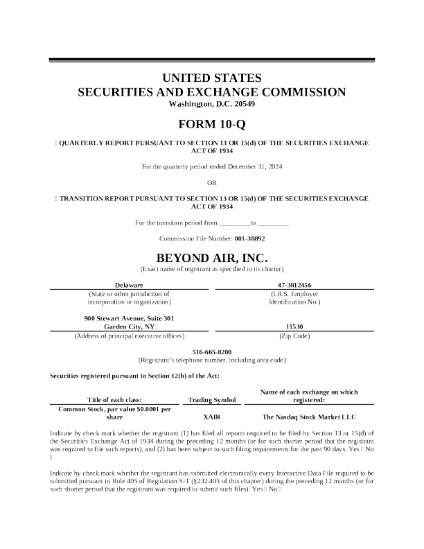 Beyond Air Inc 2025 年年度报告