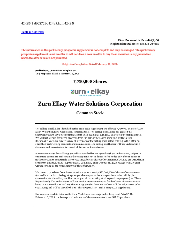 Zurn Elkay Water Solutions Corp. 美国股票认股权证 (2025 - 02 - 11 版)