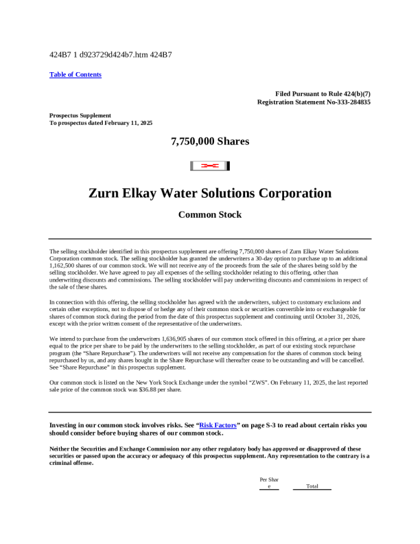 Zurn Elkay Water Solutions Corp. 美国股票认股权证 (2025 - 02 - 12 版)