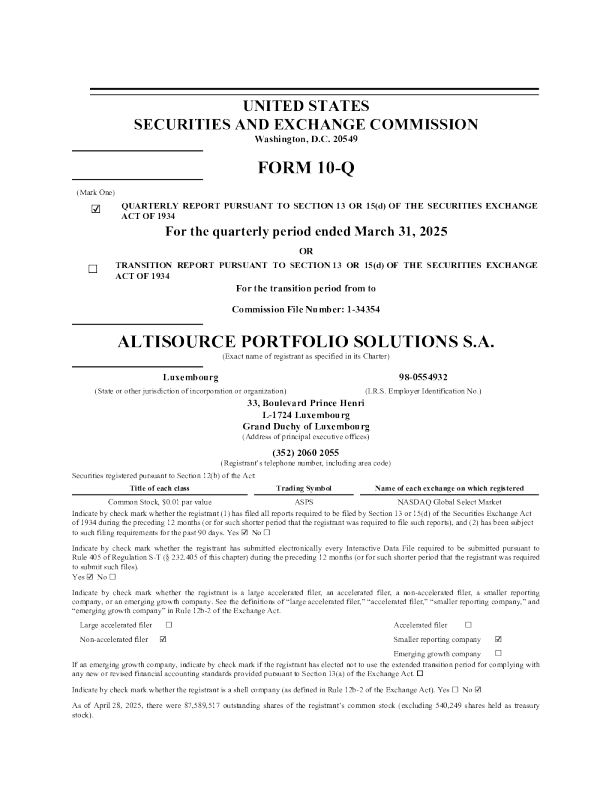 Altisource Portfolio Solutions 2025年季度报告