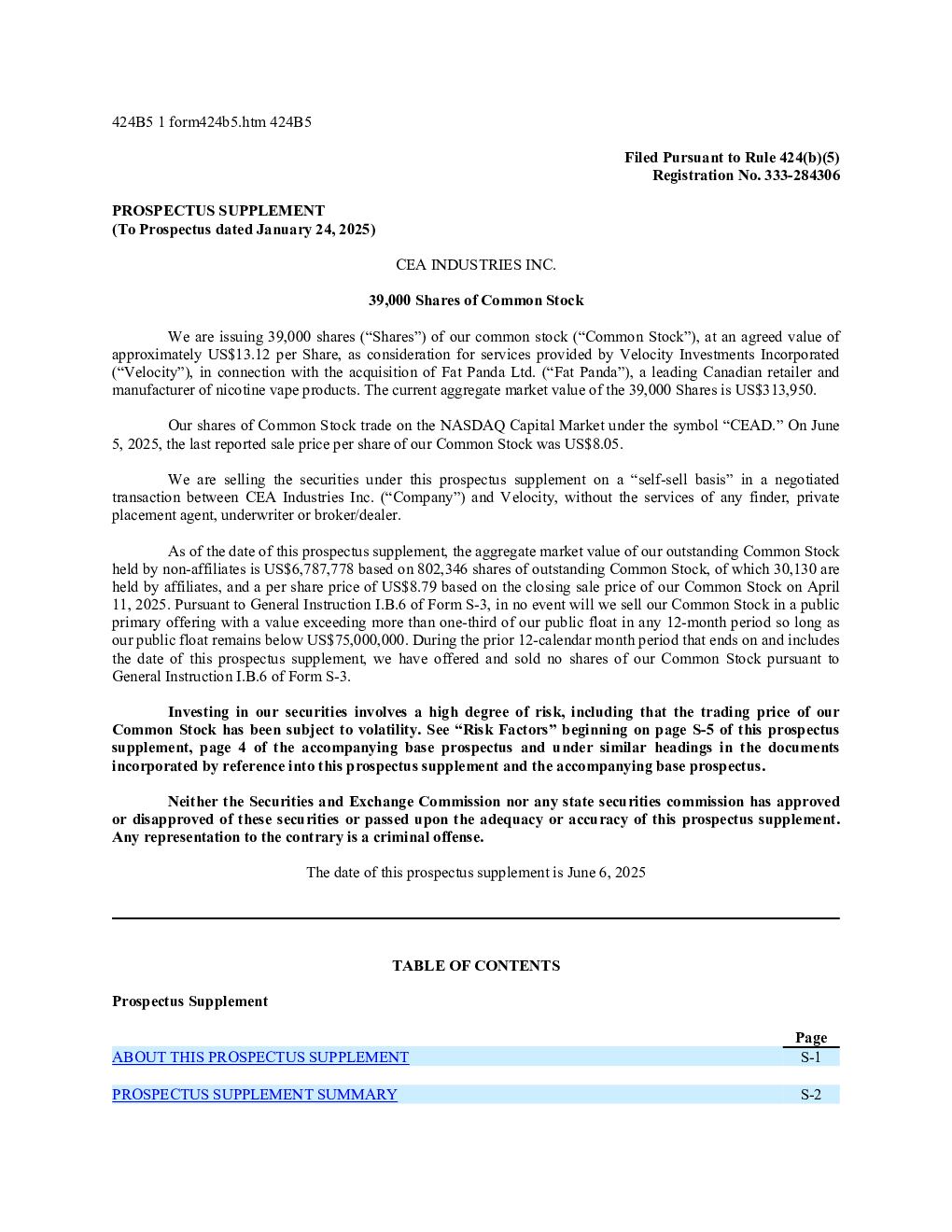 CEA Industries Inc美股招股说明书(2025-06-09版)