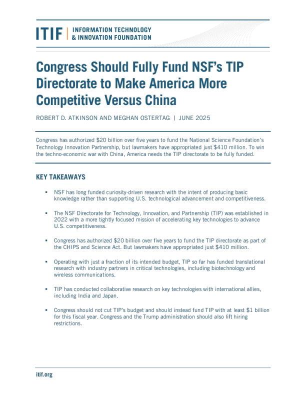 国会应全额资助NSF的TIP理事会，使美国对中国更具竞争力