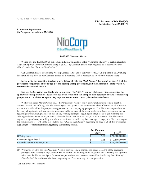 NioCorp Developments Ltd美股招股说明书(2025-09-18版)